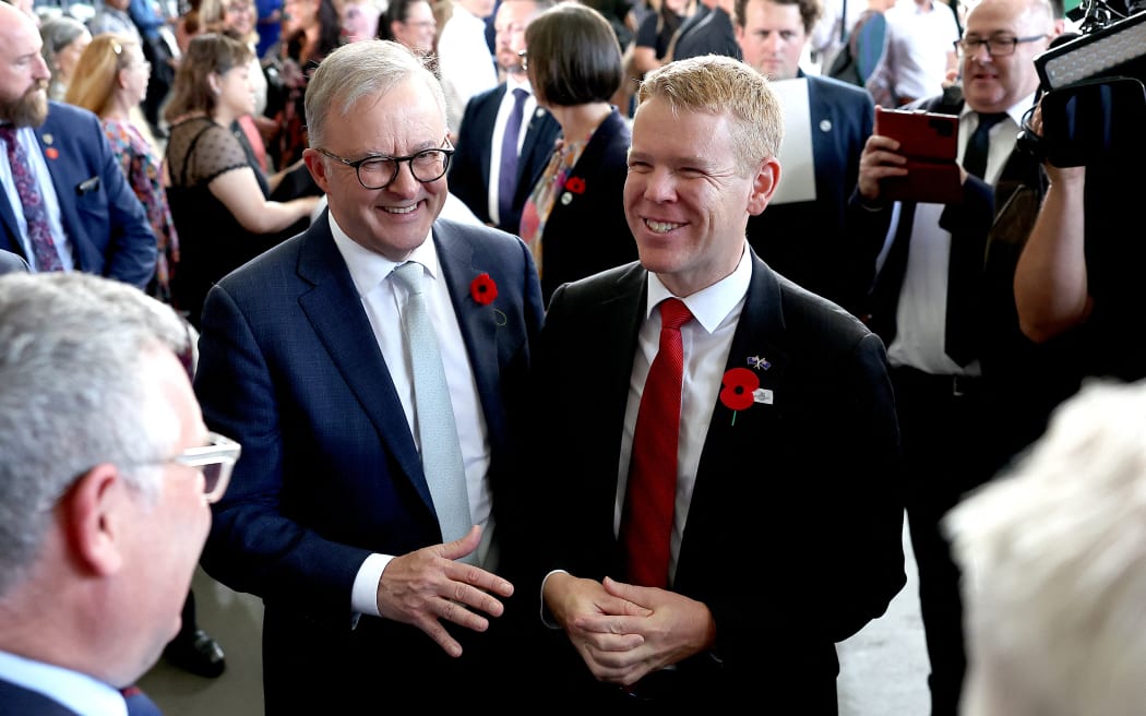Prime ministers Chris Hipkins and Anthony Albanese speak in Brisbane ...